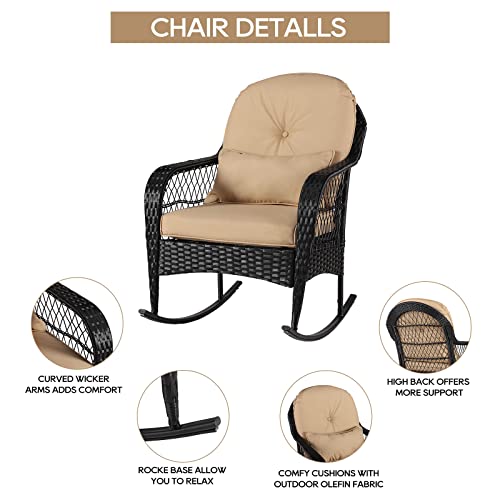 B BAIJIAWEI Outdoor Wicker Rocking Chair All Weather Wicker Rocker Chair with Cushions for Garden Patio Yard Porch Lawn Balcony Backyard (1PC-Black Wicker-Khaki)