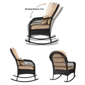 B BAIJIAWEI Outdoor Wicker Rocking Chair All Weather Wicker Rocker Chair with Cushions for Garden Patio Yard Porch Lawn Balcony Backyard (1PC-Black Wicker-Khaki)