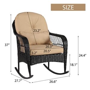 B BAIJIAWEI Outdoor Wicker Rocking Chair All Weather Wicker Rocker Chair with Cushions for Garden Patio Yard Porch Lawn Balcony Backyard (1PC-Black Wicker-Khaki)