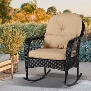 B BAIJIAWEI Outdoor Wicker Rocking Chair All Weather Wicker Rocker Chair with Cushions for Garden Patio Yard Porch Lawn Balcony Backyard (1PC-Black Wicker-Khaki)