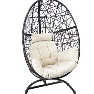 LUCKYBERRY Outdoor Wicker Tear Drop Hanging Egg Chair Color Cushion Beige