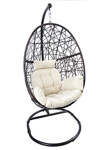 LUCKYBERRY Outdoor Wicker Tear Drop Hanging Egg Chair Color Cushion Beige