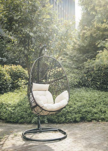 LUCKYBERRY Outdoor Wicker Tear Drop Hanging Egg Chair Color Cushion Beige