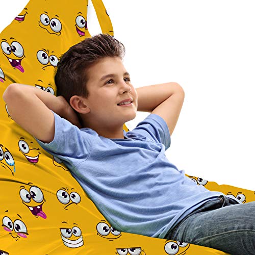 Lunarable Funny Lounger Chair Bag, Comic Cartoon Faces Smiling Crying Angry Facial Gestures Characters Graphic, High Capacity Storage with Handle Container, Lounger Size, Orange Pink White