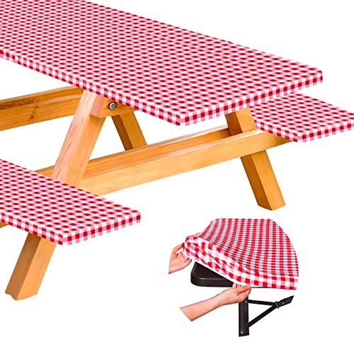 TURSTIN 3 Pieces 72 Inch Vinyl Picnic Table and Bench Fitted Tablecloth Cover Elastic Plastic Tablecloth Waterproof Checkered Table Cover for Picnic Indoor Outdoor Dining, Red and White