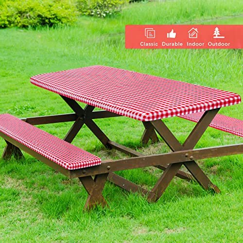 TURSTIN 3 Pieces 72 Inch Vinyl Picnic Table and Bench Fitted Tablecloth Cover Elastic Plastic Tablecloth Waterproof Checkered Table Cover for Picnic Indoor Outdoor Dining, Red and White