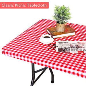 TURSTIN 3 Pieces 72 Inch Vinyl Picnic Table and Bench Fitted Tablecloth Cover Elastic Plastic Tablecloth Waterproof Checkered Table Cover for Picnic Indoor Outdoor Dining, Red and White