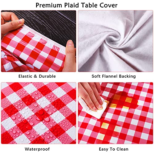 TURSTIN 3 Pieces 72 Inch Vinyl Picnic Table and Bench Fitted Tablecloth Cover Elastic Plastic Tablecloth Waterproof Checkered Table Cover for Picnic Indoor Outdoor Dining, Red and White