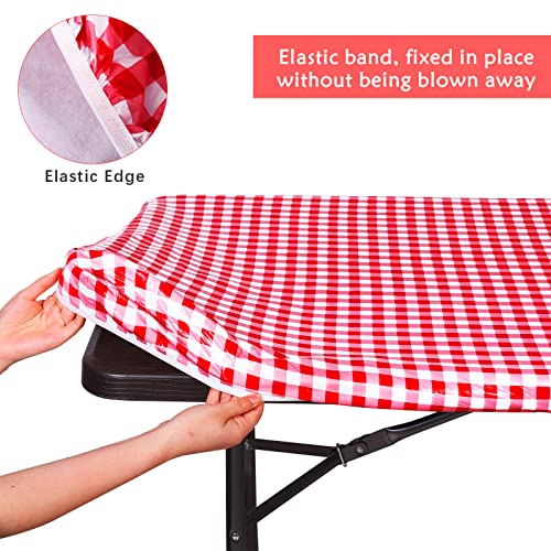 TURSTIN 3 Pieces 72 Inch Vinyl Picnic Table and Bench Fitted Tablecloth Cover Elastic Plastic Tablecloth Waterproof Checkered Table Cover for Picnic Indoor Outdoor Dining, Red and White