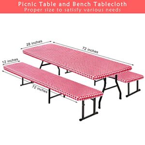 TURSTIN 3 Pieces 72 Inch Vinyl Picnic Table and Bench Fitted Tablecloth Cover Elastic Plastic Tablecloth Waterproof Checkered Table Cover for Picnic Indoor Outdoor Dining, Red and White