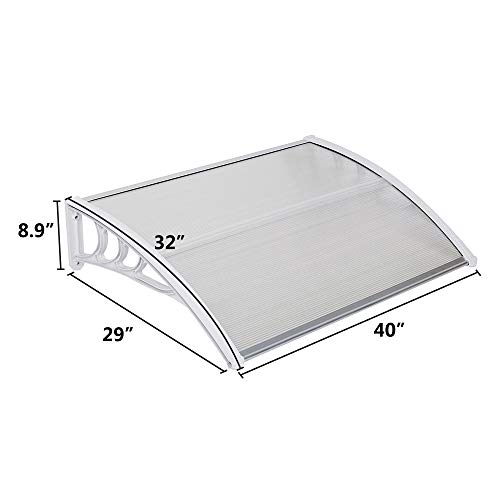 Window Awning 30" x 40", Polycarbonate Cover Front Door Outdoor Patio Awning Canopy UV Rain Snow Protection Hollow Sheet - Transparent Board & White Holder