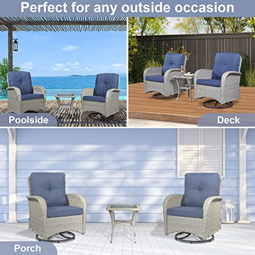 Belord Patio Swviel Glider Chairs Outdoor Swivel Rocker, Small Patio Bistro Set 3 Pieces Wicker Patio Furniture Sets, Swivel Patio Chairs Set of 2 with Tempered Glass Side Table, Blue Cushion