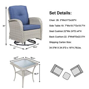 Belord Patio Swviel Glider Chairs Outdoor Swivel Rocker, Small Patio Bistro Set 3 Pieces Wicker Patio Furniture Sets, Swivel Patio Chairs Set of 2 with Tempered Glass Side Table, Blue Cushion