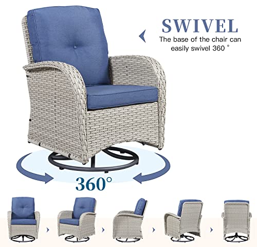 Belord Patio Swviel Glider Chairs Outdoor Swivel Rocker, Small Patio Bistro Set 3 Pieces Wicker Patio Furniture Sets, Swivel Patio Chairs Set of 2 with Tempered Glass Side Table, Blue Cushion