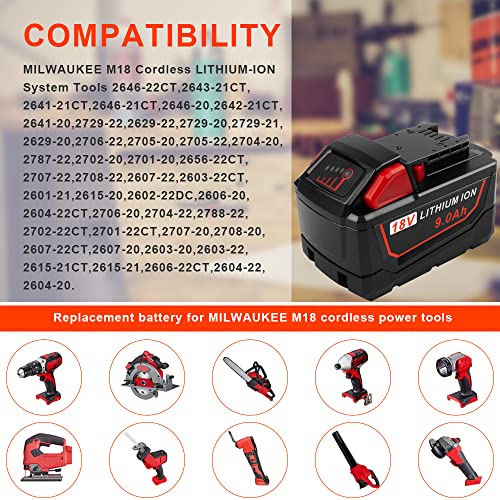 ARyee 2Pack 18V 9.0Ah M18 Replacement Battery Compatible with Milwaukee Lithium Battery Power Tools 48-11-1820 48-11-1840 48-11-1850 48-11-1828 48-11-1815 Cordless Tool Batteries