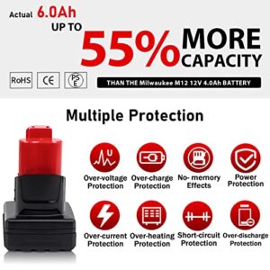 TenHutt 【3RD-Upgrade!】 2Pack 6.0Ah Replacement Battery for Milwaukee M12 12V Lithium Battery Compatible with XC 48-11-2440 48-11-2402 48-11-2460 12-Volt M12 Cordless Power Tools