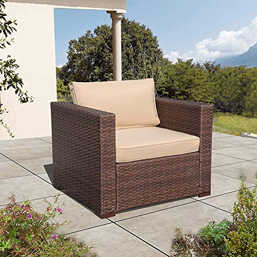 Super Patio Outdoor Chair, PE Wicker Rattan Patio Chair, All Weather Outdoor Furniture Armchair Sofa with Thick Beige Cushions, Steel Frame, Brown