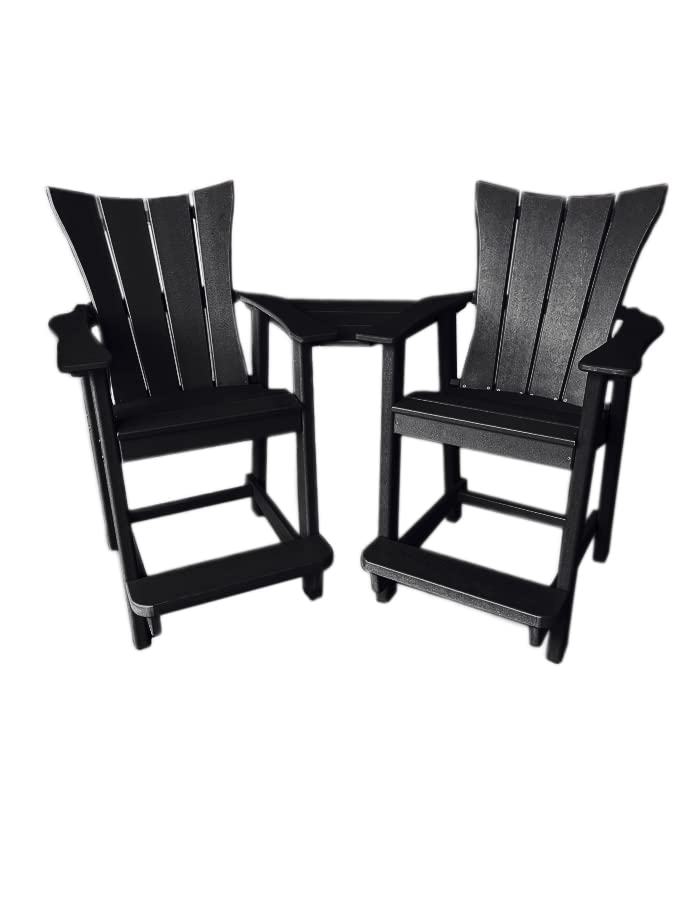 Phat Tommy Adirondack Double Set of 2 - Tall Bar Stool Chairs with Table - High Top, Counter Height Poly Furniture - Modern, Weather Resistant Balcony Chair for Pool, Patio, and Deck, Black