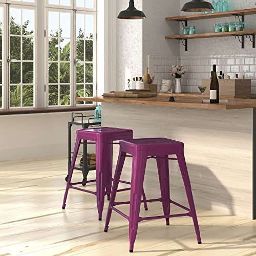 Merrick Lane Newark Series Purple 24" High Backless Metal Counter Height Stool with Square Seat for Indoor-Outdoor Use