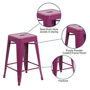 Merrick Lane Newark Series Purple 24" High Backless Metal Counter Height Stool with Square Seat for Indoor-Outdoor Use