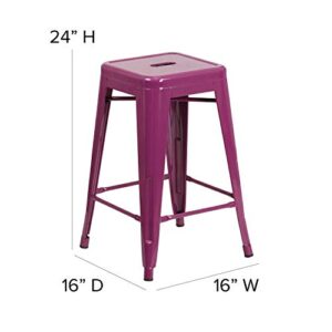 Merrick Lane Newark Series Purple 24" High Backless Metal Counter Height Stool with Square Seat for Indoor-Outdoor Use