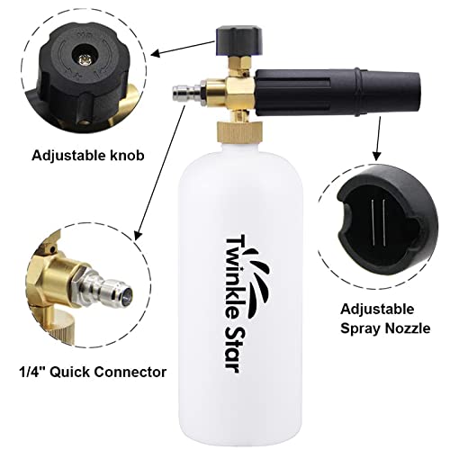 Twinkle Star Foam Cannon 1 L Bottle Snow Foam Lance with 1/4" Quick Connector, 5 Nozzle Tips for Pressure Washer