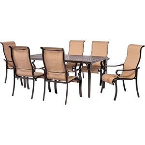 hanover brigatine 7-piece modern patio dining set with 6 quick-dry tan sling chairs and 40″x70″ square cast-top table, all-weather outdoor furniture set for backyard and deck