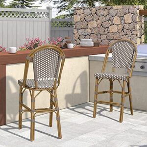 PURPLE LEAF French Bar Stools Set of 2 Bamboo Print Finish Patio Bar Stools with Back Rattan Bar Chairs Wicker Bar Height Stool 30" with Footrest Kitchen Island Stools Outdoor Barstool Grey