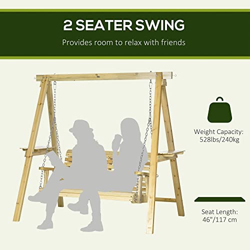 Outsunny 2-Seat Porch Swing Loveseat with Stand and Side Tables, Wooden Patio Swing Chair, for Garden, Poolside, Backyard