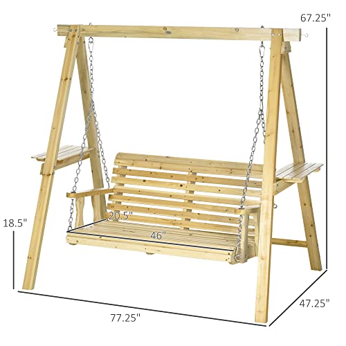 Outsunny 2-Seat Porch Swing Loveseat with Stand and Side Tables, Wooden Patio Swing Chair, for Garden, Poolside, Backyard