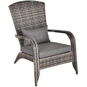 outsunny patio wicker adirondack chair, outdoor all-weather rattan fire pit chairs w/soft cushions, tall curved backrest, and comfortable armrest for deck or garden, grey