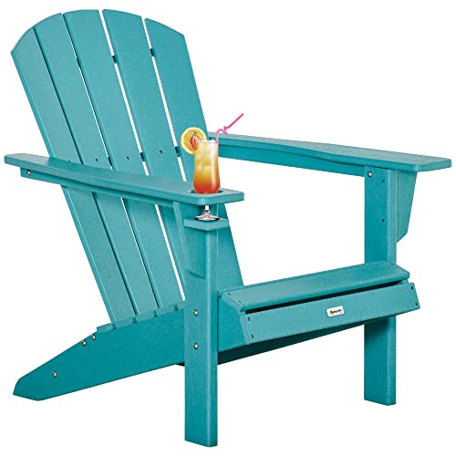 Outsunny Adirondack Chair with Cup Holder, All Weather Patio Chair HDPE Lounger, Fire Pit Seating High Back and Wide Seat for Outdoor, Backyard, Garden, Deck, Lawn Turquoise