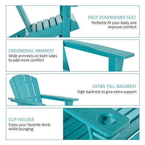 Outsunny Adirondack Chair with Cup Holder, All Weather Patio Chair HDPE Lounger, Fire Pit Seating High Back and Wide Seat for Outdoor, Backyard, Garden, Deck, Lawn Turquoise