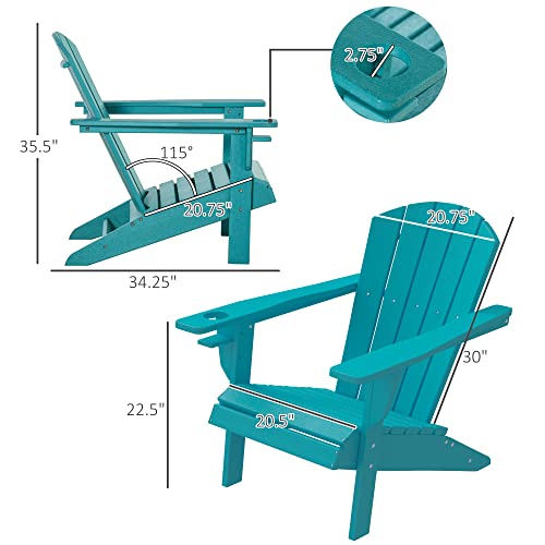 Outsunny Adirondack Chair with Cup Holder, All Weather Patio Chair HDPE Lounger, Fire Pit Seating High Back and Wide Seat for Outdoor, Backyard, Garden, Deck, Lawn Turquoise