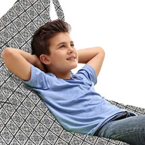 lunarable oriental lounger chair bag, arabasque damask style geometric leaves pattern in mosaic tiles image, high capacity storage with handle container, lounger size, charcoal grey and white