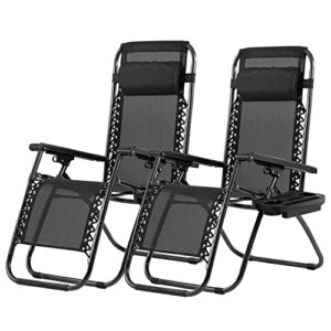 paylesshere lounge chair set of 2 adjustable zero gravity chair beach chair folding lawn patio chair with removable pillow and cup holder for poolside backyard lawn beach,black