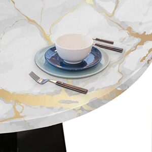 Round Tablecloth with Elastic Edge, White Gold Marble Fitted Tablecloth Waterproof Wipeable Round Table Cover for Indoor Outdoor Patio Dining Kitchen Fit Table up to 45"-56" Diameter