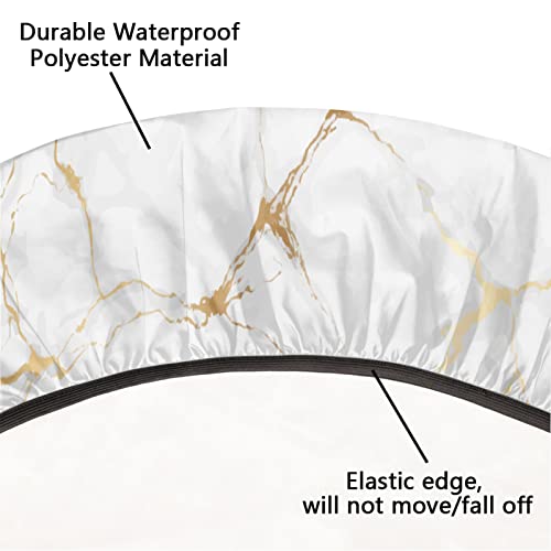 Round Tablecloth with Elastic Edge, White Gold Marble Fitted Tablecloth Waterproof Wipeable Round Table Cover for Indoor Outdoor Patio Dining Kitchen Fit Table up to 45"-56" Diameter