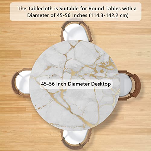 Round Tablecloth with Elastic Edge, White Gold Marble Fitted Tablecloth Waterproof Wipeable Round Table Cover for Indoor Outdoor Patio Dining Kitchen Fit Table up to 45"-56" Diameter