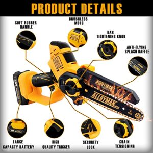 Mini Chainsaw 6-Inch Cordless, 26.2ft/s chain speed, 775 Powerful motor Mini chain saws, Tool Free Bar ​and Chain Adjustments, Handheld Small Chainsaw for Wood Cutting Tree Trimming