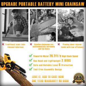 Mini Chainsaw 6-Inch Cordless, 26.2ft/s chain speed, 775 Powerful motor Mini chain saws, Tool Free Bar ​and Chain Adjustments, Handheld Small Chainsaw for Wood Cutting Tree Trimming