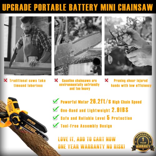 Mini Chainsaw 6-Inch Cordless, 26.2ft/s chain speed, 775 Powerful motor Mini chain saws, Tool Free Bar ​and Chain Adjustments, Handheld Small Chainsaw for Wood Cutting Tree Trimming