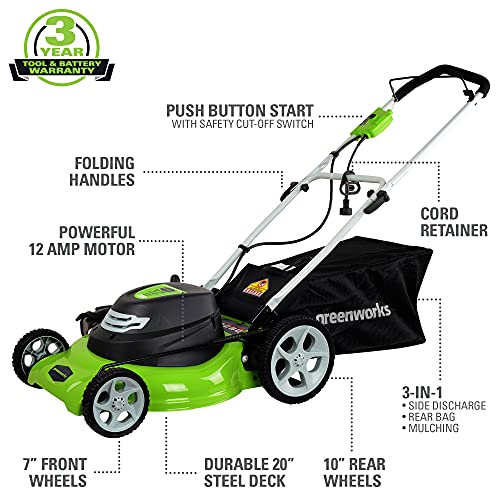 Greenworks 12 Amp 20-Inch 3-in-1Electric Corded Lawn Mower, 25022