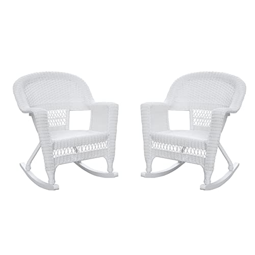 Jeco Rocker Wicker Chair with Blue Cushion, Set of 2, White