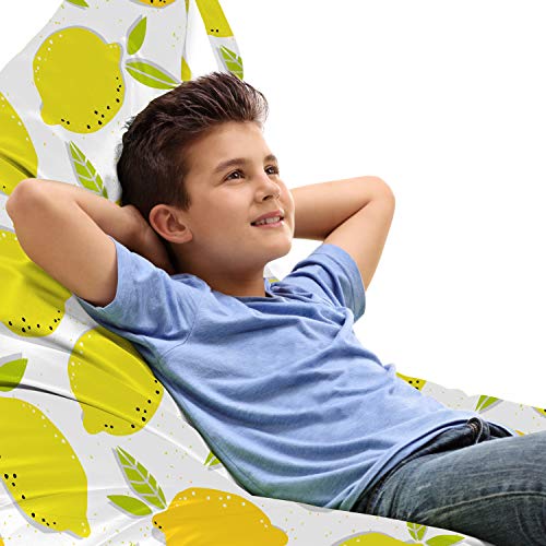 Lunarable Lemon Lounger Chair Bag, Citrus Pattern Dotted Fruit Doodles and Leaves on Plain Background, High Capacity Storage with Handle Container, Lounger Size, Yellow Green and Pale Orange