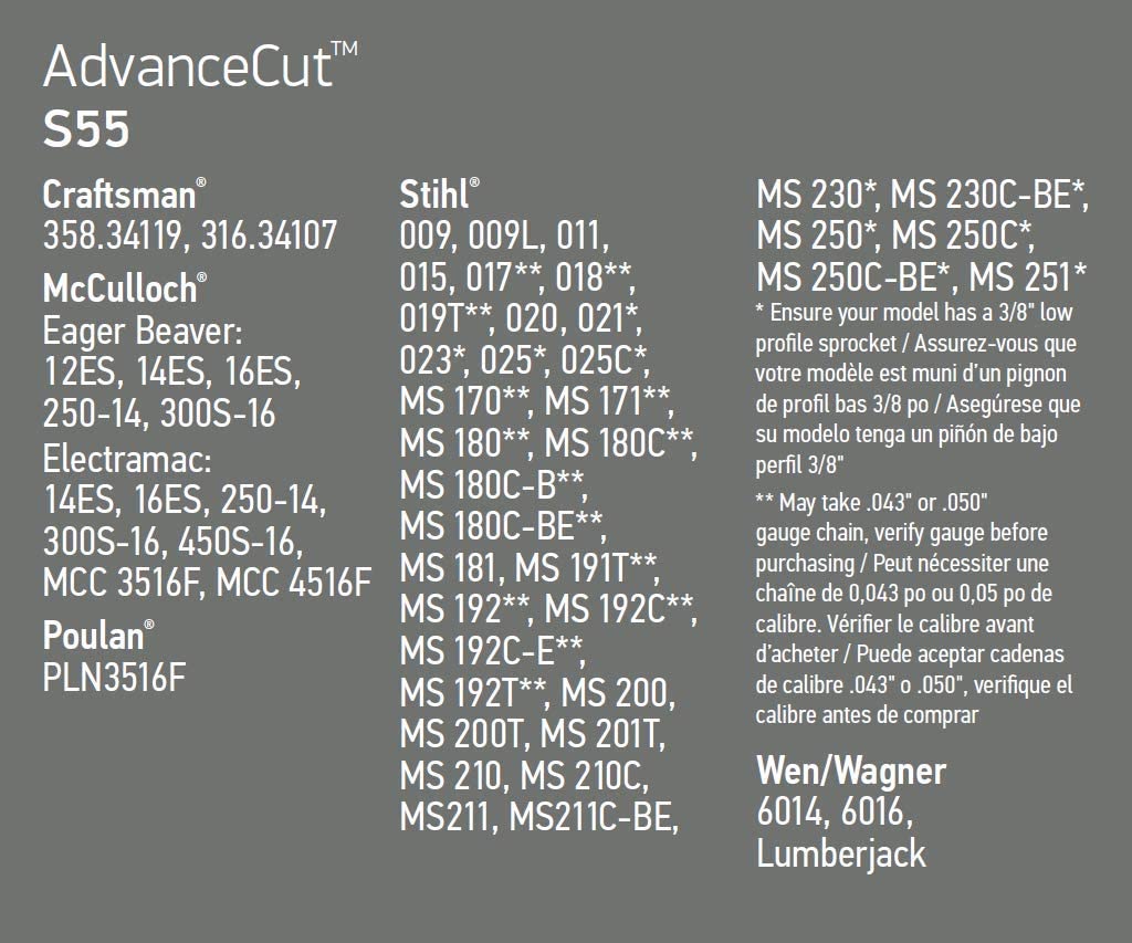 Oregon S55 AdvanceCut Chainsaw Chain for 16-Inch Bar -55 Drive Links – low-kickback chain fits McCulloch, Stihl, Wagner and more