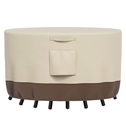 Simpelg Round Patio Furniture Covers, 100% Waterproof Outdoor Table Chair Set Covers 600D Heavy Duty, UV Resistant Anti-Fading Outdoor Table Cove for Round Furniture Set, 62" DIAx28 H, (Beige & Brown)