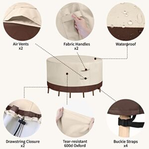 Simpelg Round Patio Furniture Covers, 100% Waterproof Outdoor Table Chair Set Covers 600D Heavy Duty, UV Resistant Anti-Fading Outdoor Table Cove for Round Furniture Set, 62" DIAx28 H, (Beige & Brown)