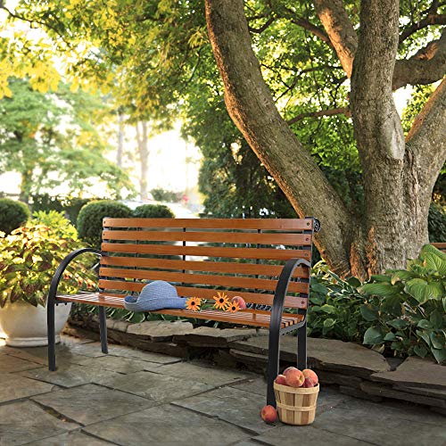 YYAO Garden Bench Love Seat Outdoor Patio Bench Metal Bench Park Bench with Backrest & Armrests,Hardwood Patio Furniture Bench for Porch Work Entryway Yard Lawn,Brown