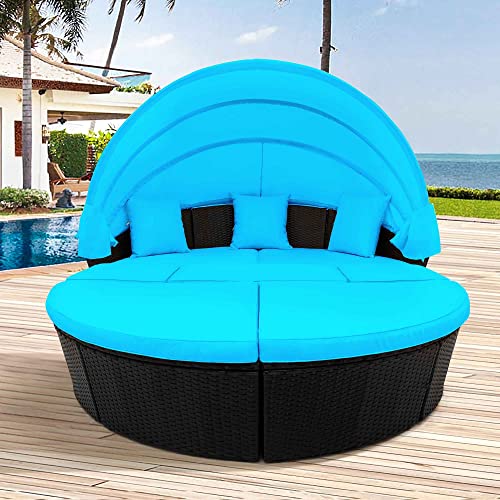 ATY Outdoor Rattan Round Daybed Sunbed with Retractable Canopy, All-Weather Wicker Furniture Sectional Sofa Set w/Washable Cushions for Backyard,Porch, Blue